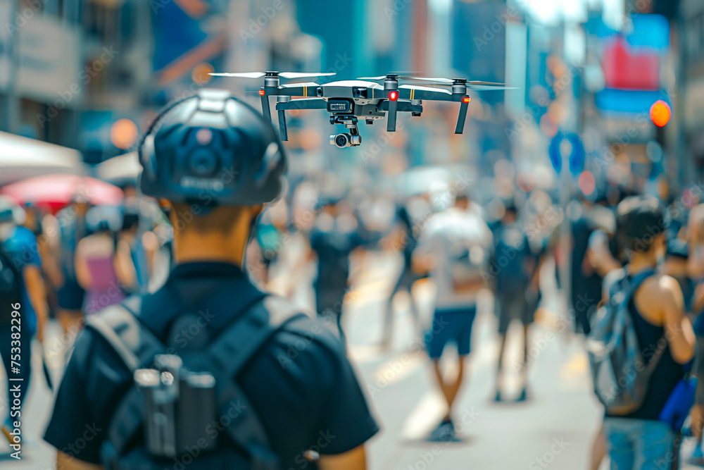 Police officer uses a drone to monitor crowd Control, Cityscape ...