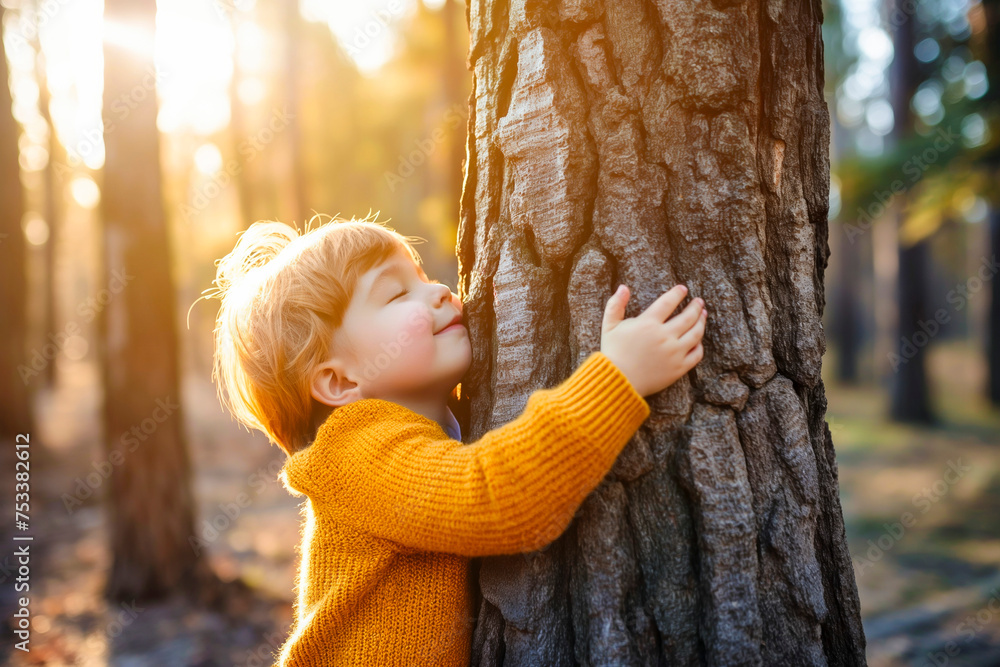 Child hugging a tree in the outdoor forest. Concept of battling a ...