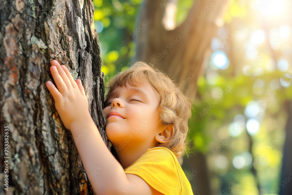 Child hugging a tree in the outdoor forest. Concept of battling a ...