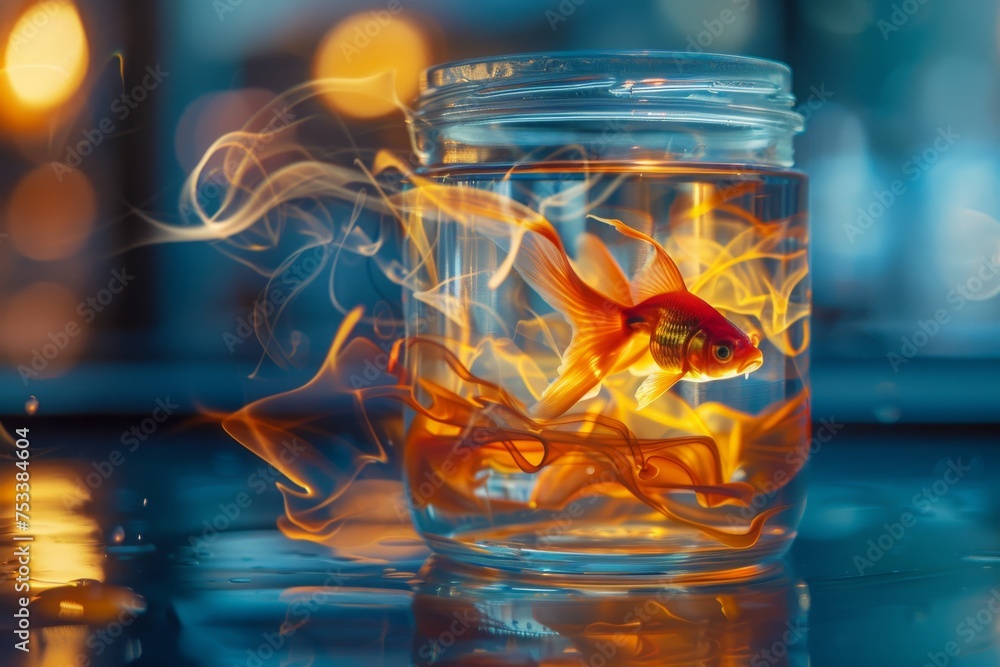 Goldfish in a mason jar with dynamic water and light effects Stock ...