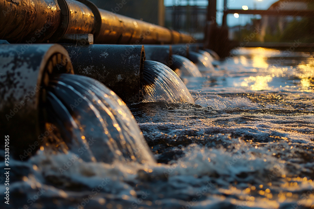 Water flowing from the pipes of an oil and gas power plant in the ...