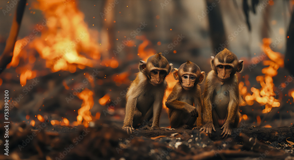 A group of monkeys were sad because the forest was scorched by fire in ...