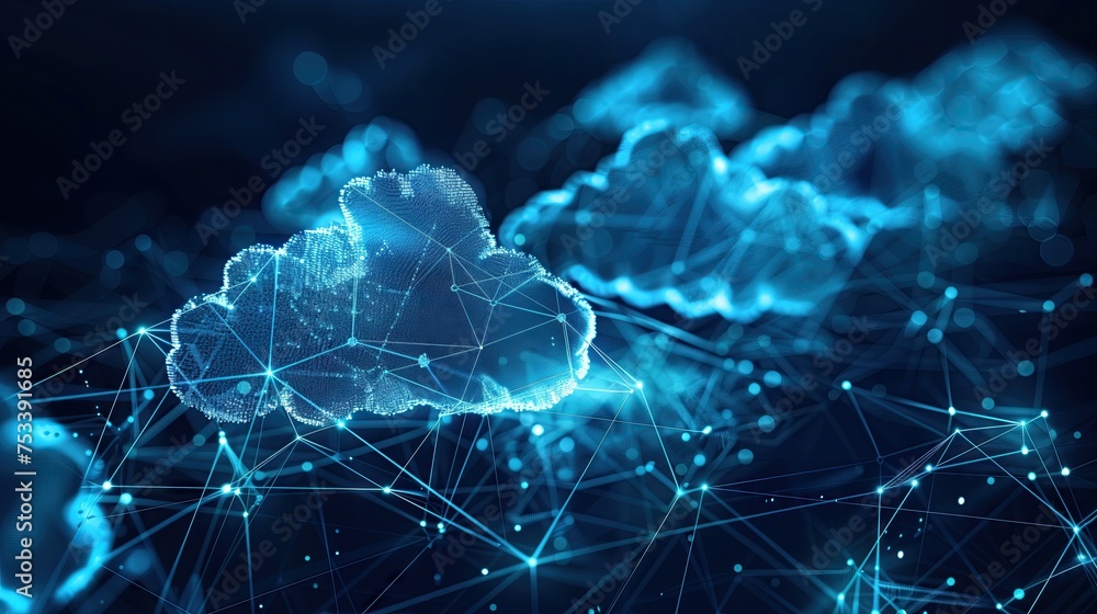 a digital data cloud network composed of interconnected nodes, with ...