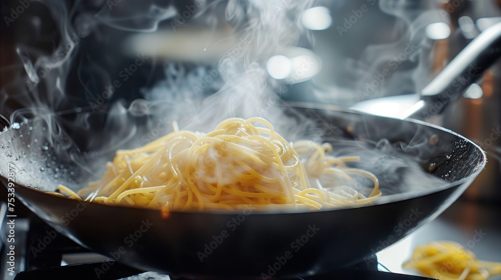 spaghetti being cooked in a wok on a stove with steam coming out of the ...