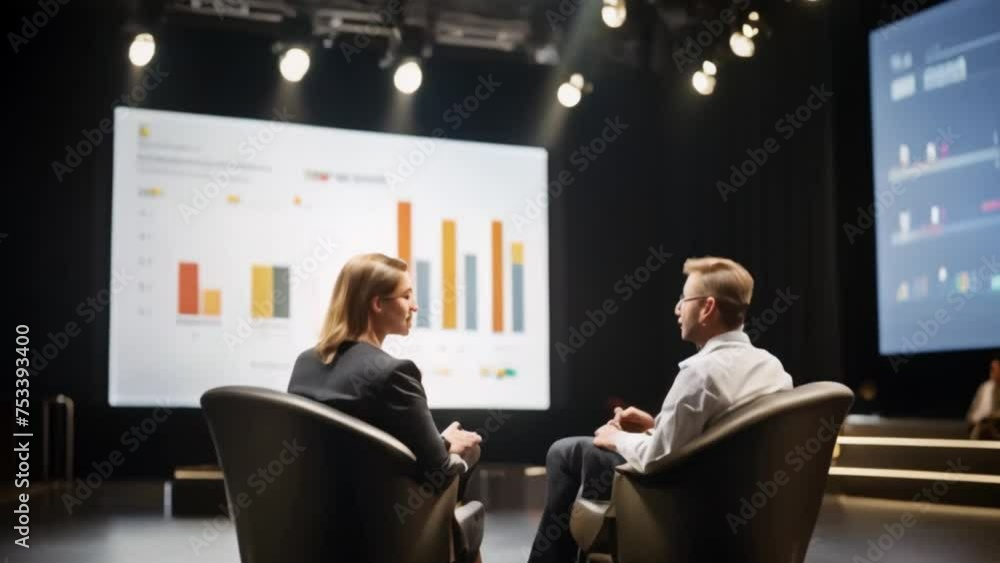 Two speakers sitting in chairs and making a presentation facing the ...