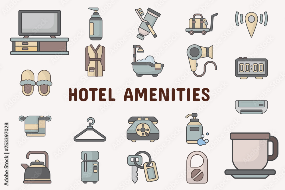 Hotel Amenities Lineal Color Vector Illustration Icon Sticker Set ...