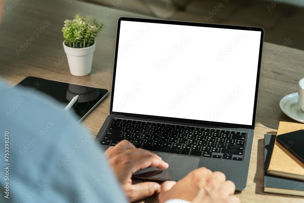 young man working Businessman using a desktop computer of the blank ...