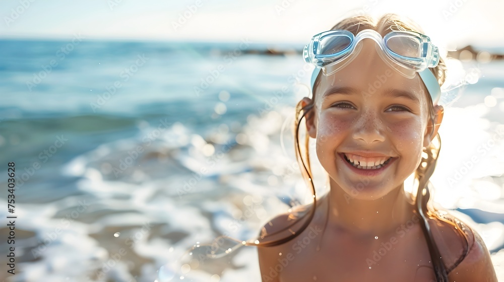A Joyful Girl in Swimming Goggles on the Beach, To convey a sense of ...