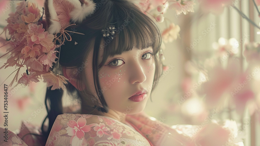 An enchanting magazine photo of a girl styled as a Japanese idol with ...