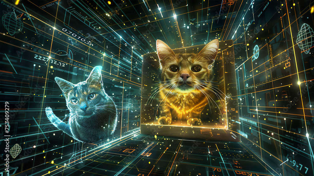Schrodinger's cat in a box, glowing mathematical formulas, super ...