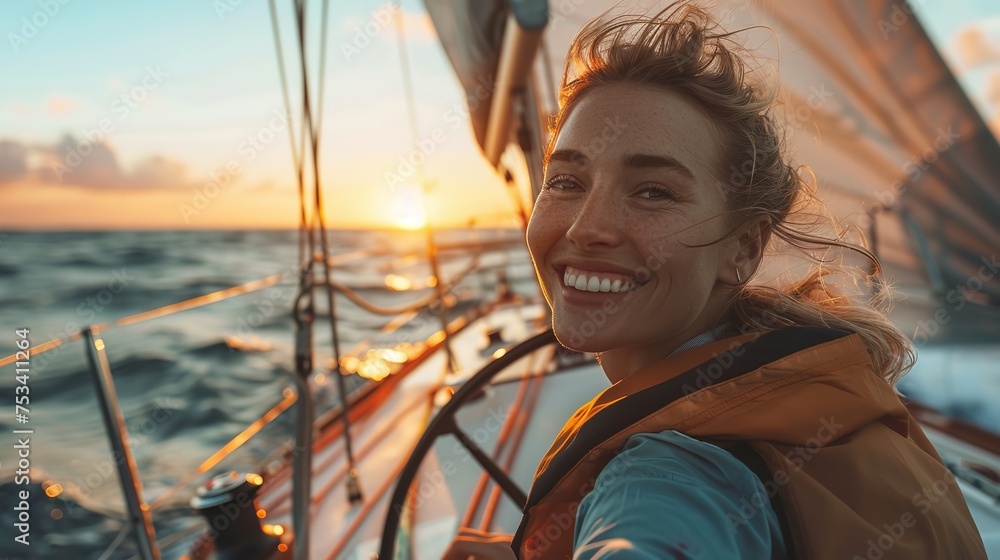 Blurry backdrop with a happy female sailor on a modern sailboat smiles ...