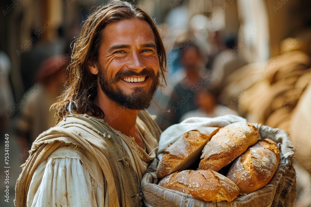 Jesus Christ feeds the poor with bread. Stock Photo | Adobe Stock
