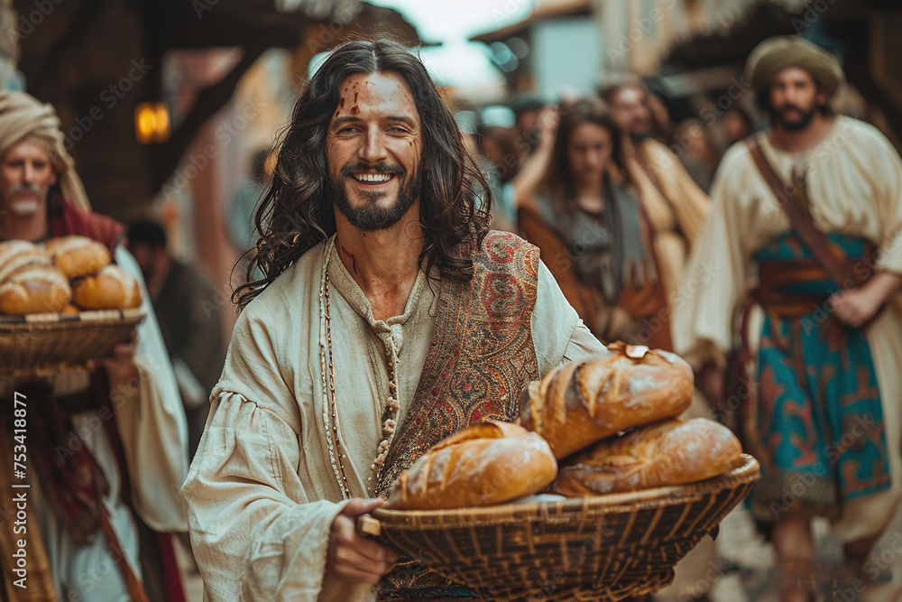 Jesus Christ feeds the poor with bread. Stock Photo | Adobe Stock