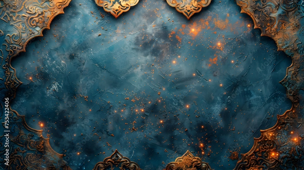 Gold Ornate Frame on Blue Post-Apocalyptic Backdrop, To convey a sense ...