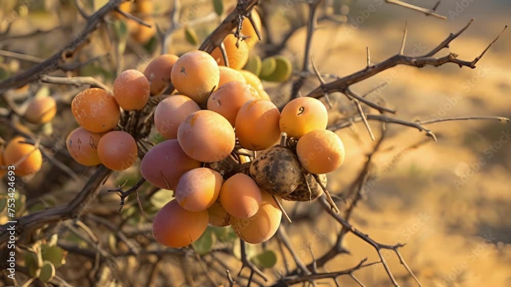 A group of small round fruits ed together on a bushy plant in a dry ...