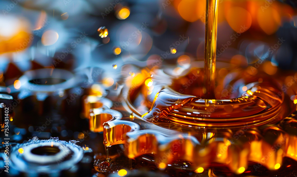 Dynamic splash of motor oil on precision gears, symbolizing high ...