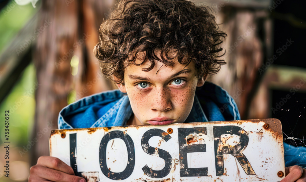 Portrait of a young individual peering over a sign with the word LOSER ...
