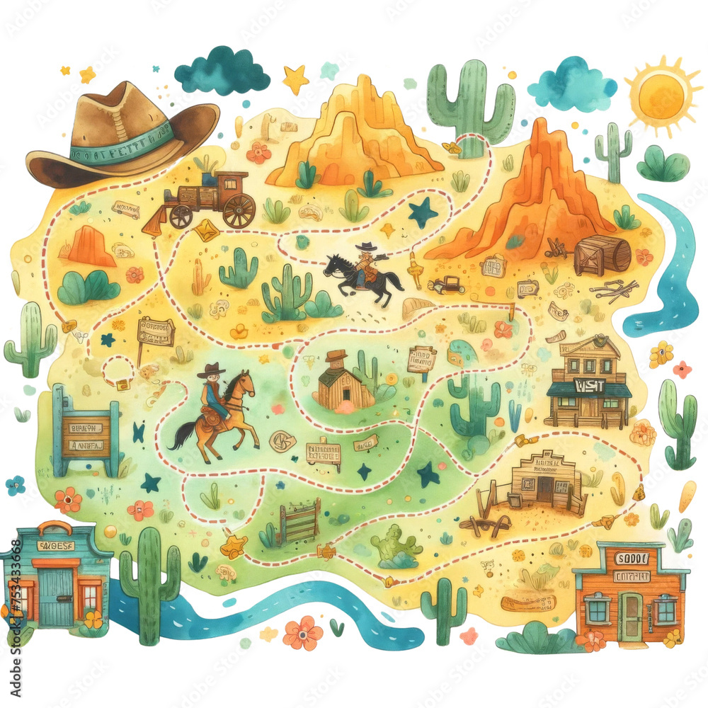 Illustrated Wild West Adventure Map for Kids Stock Illustration | Adobe ...