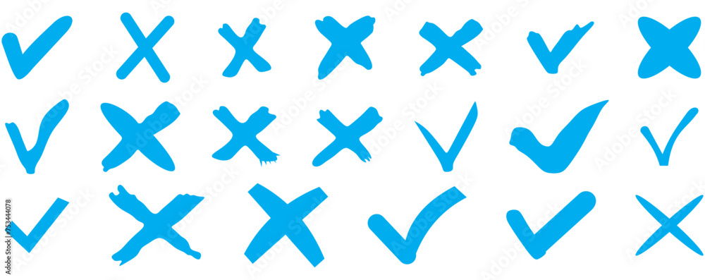 Set hand drawn Sky Blue checkmark and cross appears. Illustration ...