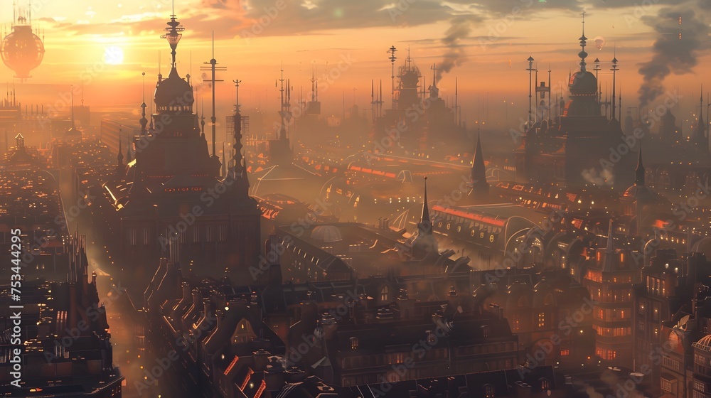Dieselpunk City at Sunset, To provide an engaging and atmospheric image ...