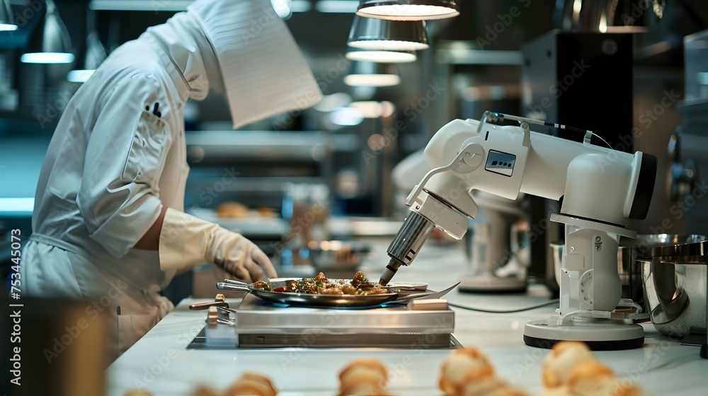 Chef Using Robot for Meal Prep in Modern Kitchen, To showcase the ...