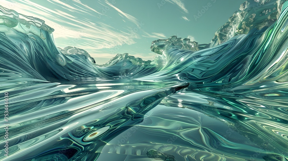 Digital Art of Flowing Glass Waves in Surreal Landscape, To provide a ...