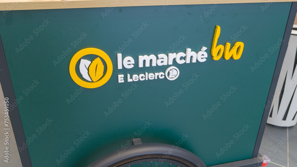 E.leclerc le marche bio leclerc store sign brand and logo text on bike ...
