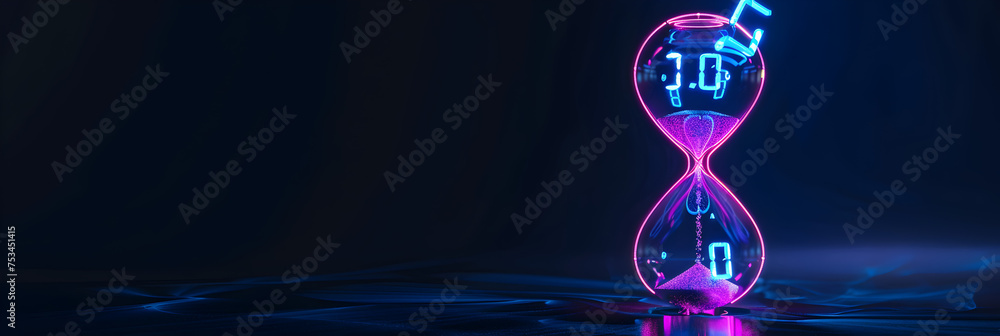 Neon wireframe hourglass with digital clock numbers isotated on black ...