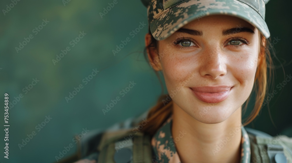 Cheerful female soldier in uniform posing with confidence and pride ...