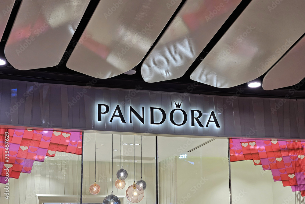 Bangkok, Thailand February 07, 2024 Pandora sign. Pandora Sign. Pandora ...