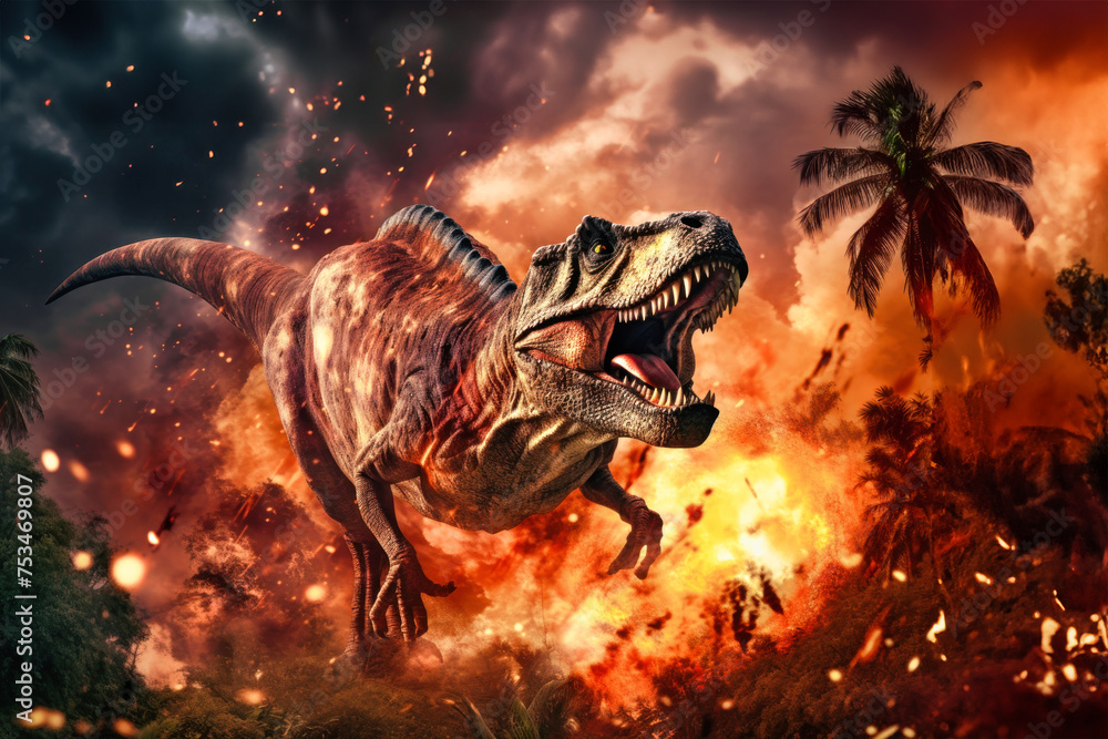 Tyrannosaurus T-rex ,dinosaur on smoke and fire background. Dinosaur in ...