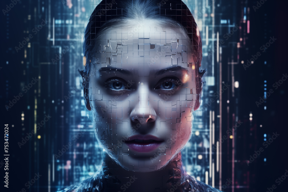 Hologram pixel on woman face. Virtual Digital head of Artificial ...