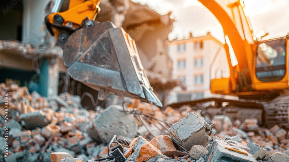 Excavators are destroying buildings. Stock Illustration | Adobe Stock