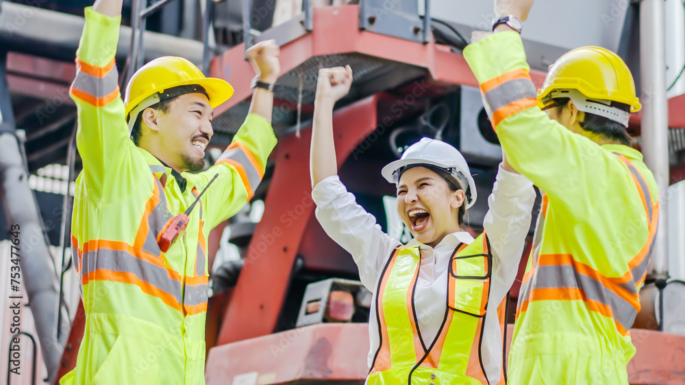 Group of professional dock worker and engineering people stand with ...