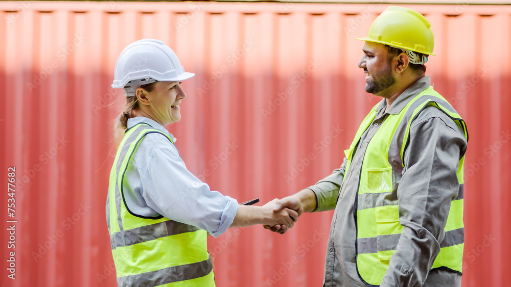 Happy dealing shaking hands two foreman worker working checking at ...