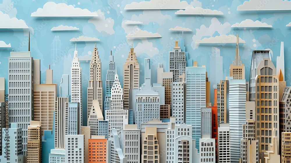 Paper Cut Out City Icons with Skyscrapers and Clouds, To provide a ...