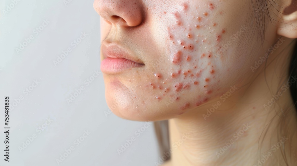 acne on woman face with rash skin, scar, and red skin syndrome allergic ...