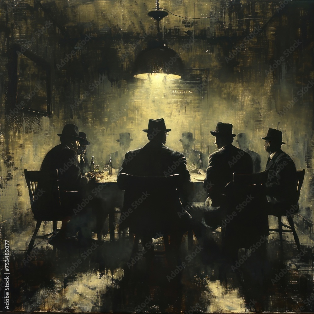 Square format of a mafia meeting shadowy figures in a room lit by dim ...
