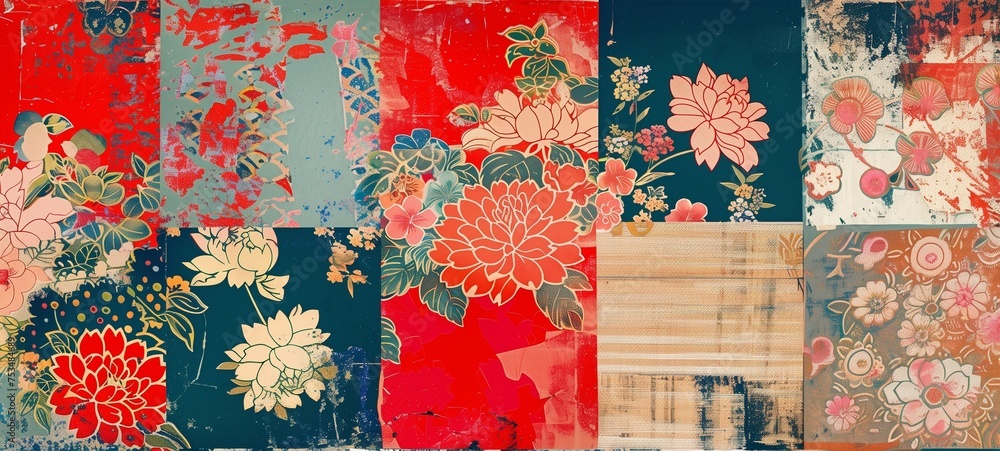 Set of Japanese kimono fabric patterns. The collage showcases a variety ...