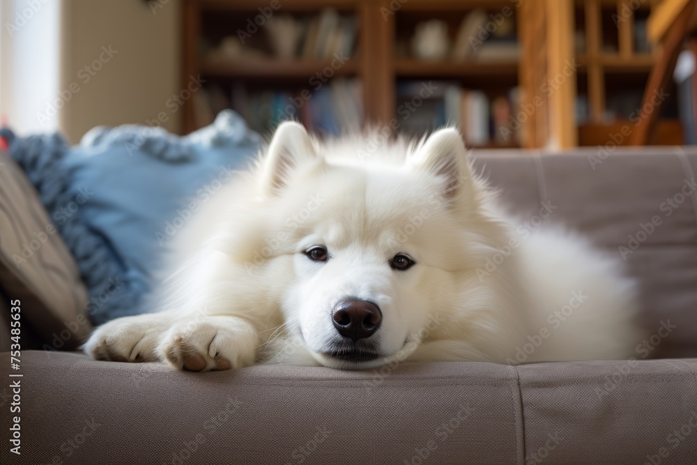 Samoyed dog is resting on the couch at home. a breed of dog with long ...