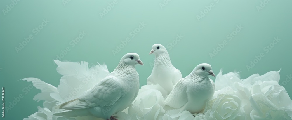 Trio of serene white doves against floral backdrop, symbolizing peace ...