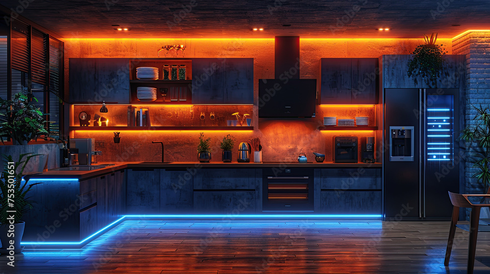 Modern kitchen interior with LED under-cabinet lighting and ambient ...