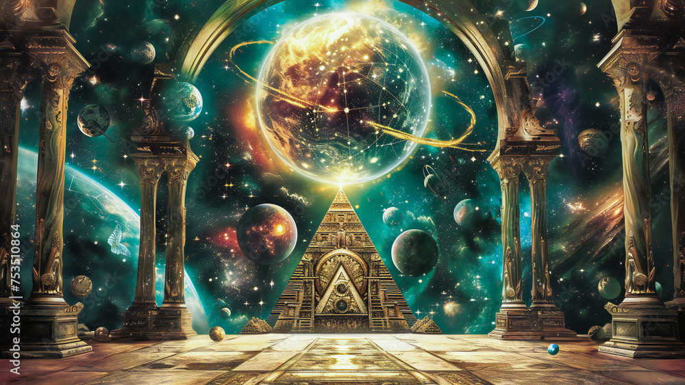 A pyramid of wisdom, surrounded by planets. Eternal temple of wisdom ...