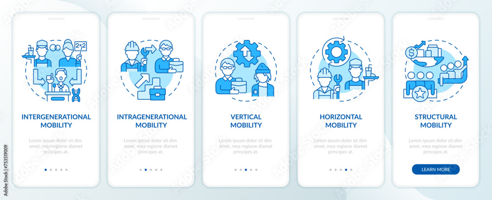 Patterns of social mobility blue onboarding mobile app screen ...