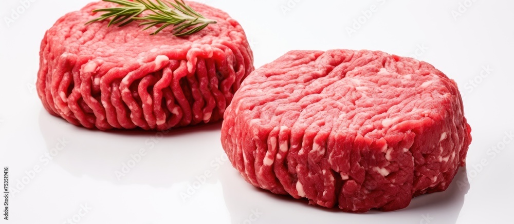 Fresh Raw Beef Patties Seasoned with Aromatic Rosemary on Clean White ...