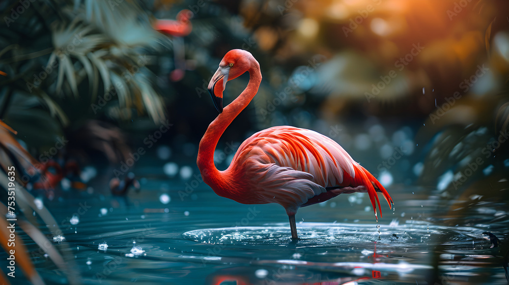 Pink flamingo bird wades gracefully in a serene water setting ...