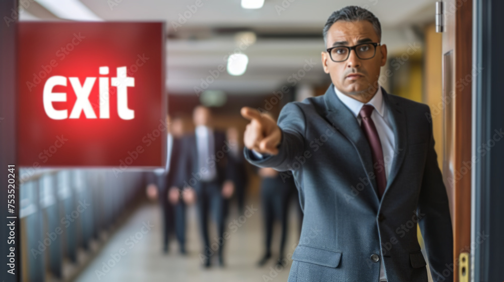 Serious businessman pointing towards exit sign in office corridor Stock ...