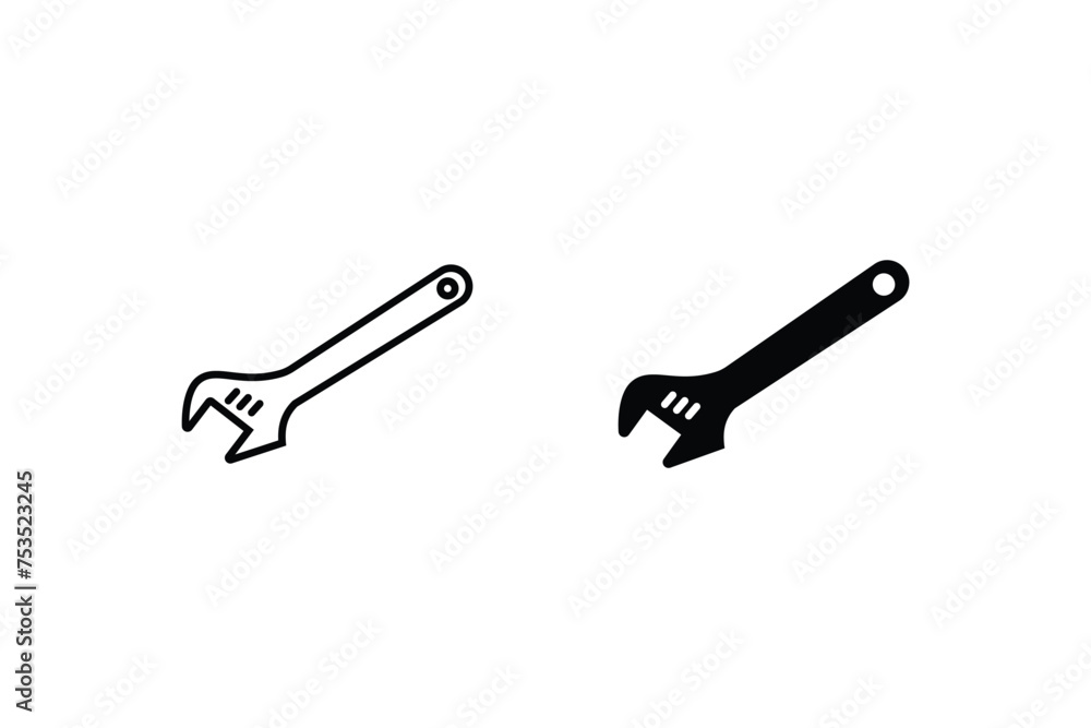 Spanner. Outline black and white drawing. Vector illustration isolated ...