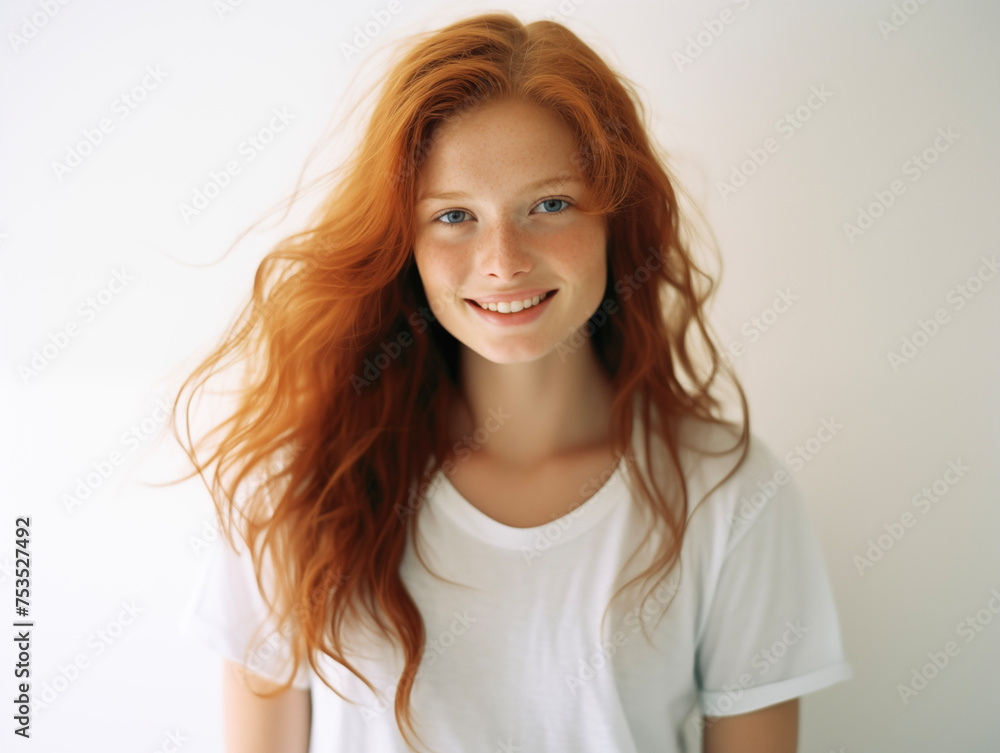 International Women's Day. Long healthy red hair. Skin natural beauty ...