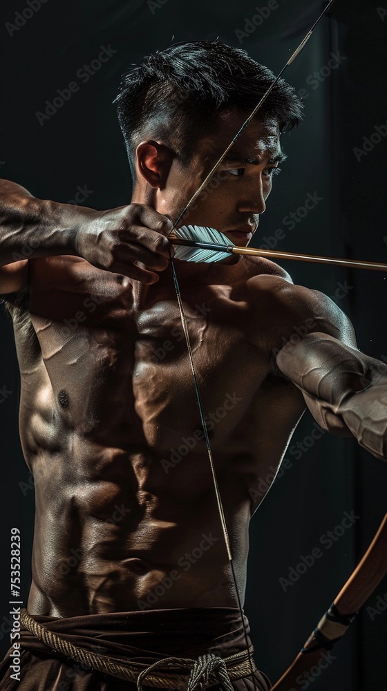 Strength and Skill, man drawing back his bowstring with strength and ...